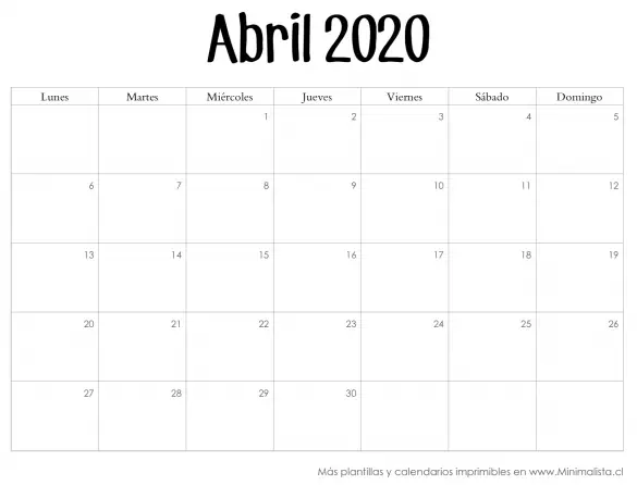 Calendarios 2020 para Imprmir - Minimalista