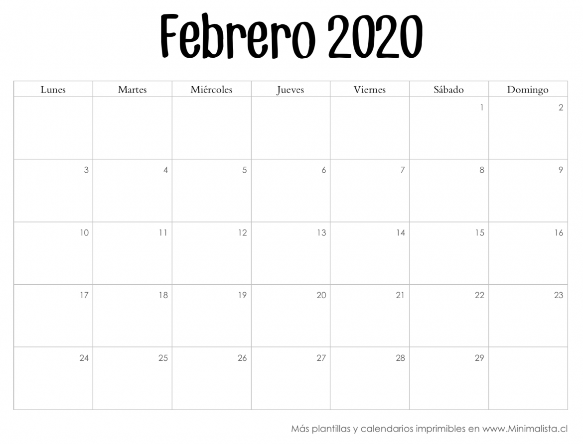 Calendarios 2020 para Imprmir - Minimalista
