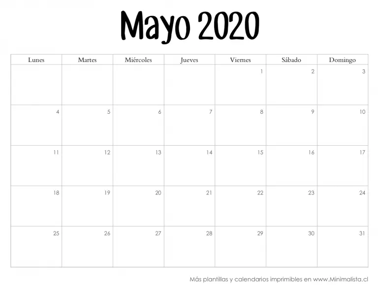 Calendarios 2020 para Imprmir - Minimalista